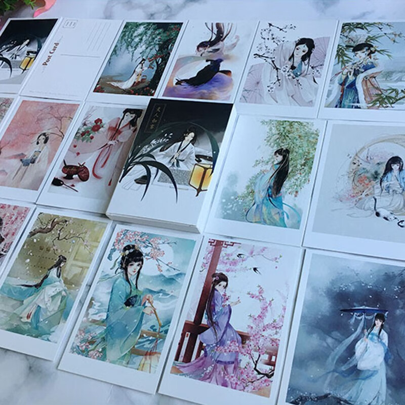 十二星座空明信片卡通可爱少女心古风动漫手绘插画美人动物贺卡片 美人如雾明信片30张