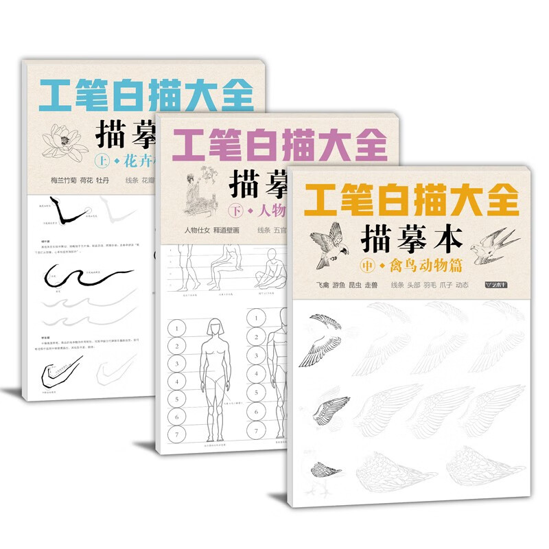 中国画工笔人物画底稿白描画稿临摹线稿大幅十八描摹线描入门古风画册集仕女图画谱国风水墨佛像敦煌壁画宋画手绘针管画零基础练习 工笔白描描摹本 3册套装