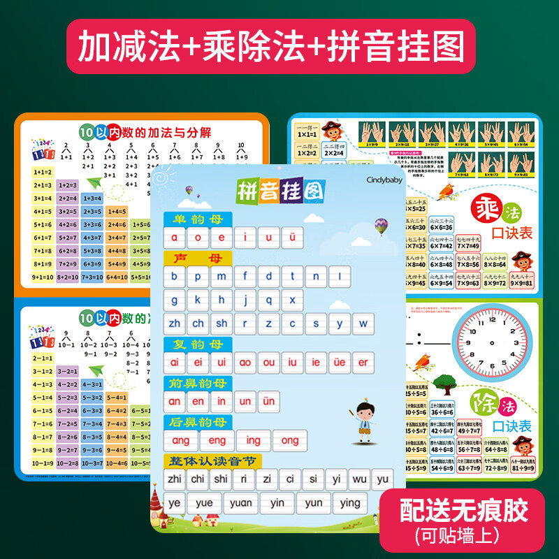 10以内加减法口决表分解与组成儿童学习挂图幼儿园墙贴数学认数字 3张 加减法+乘除法+拼音挂图