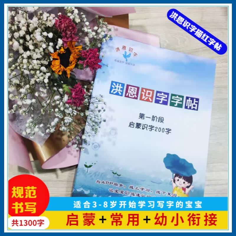 洪恩识字1300字帖描红本宝宝启蒙学前常用幼小衔接绘本控笔练字帖 阶段*启蒙识字200字字帖 写字初