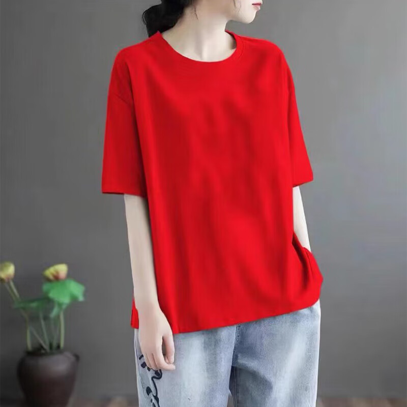 品牌折扣店~意大利出口女装夏季新款T恤100%全棉短袖宽松上衣 红色【纯色】 M （建议85-115斤）