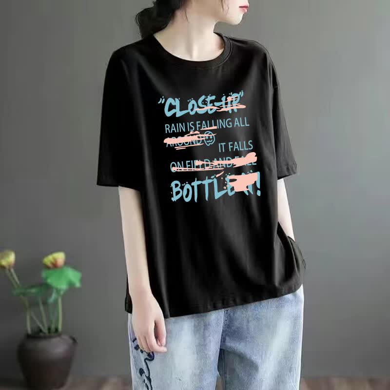 品牌折扣店~意大利出口女装夏季新款T恤100%全棉短袖宽松上衣 黑色【英文涂画】 M （建议85-115斤）