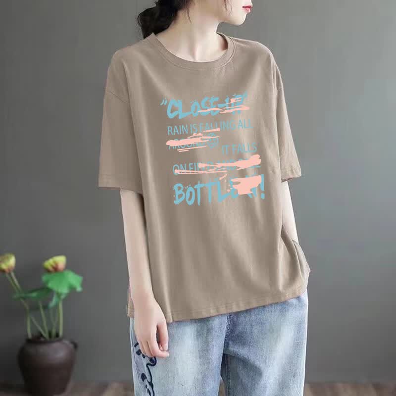 品牌折扣店~意大利出口女装夏季新款T恤100%全棉短袖宽松上衣 卡其色【英文涂画】 M （建议85-115斤）