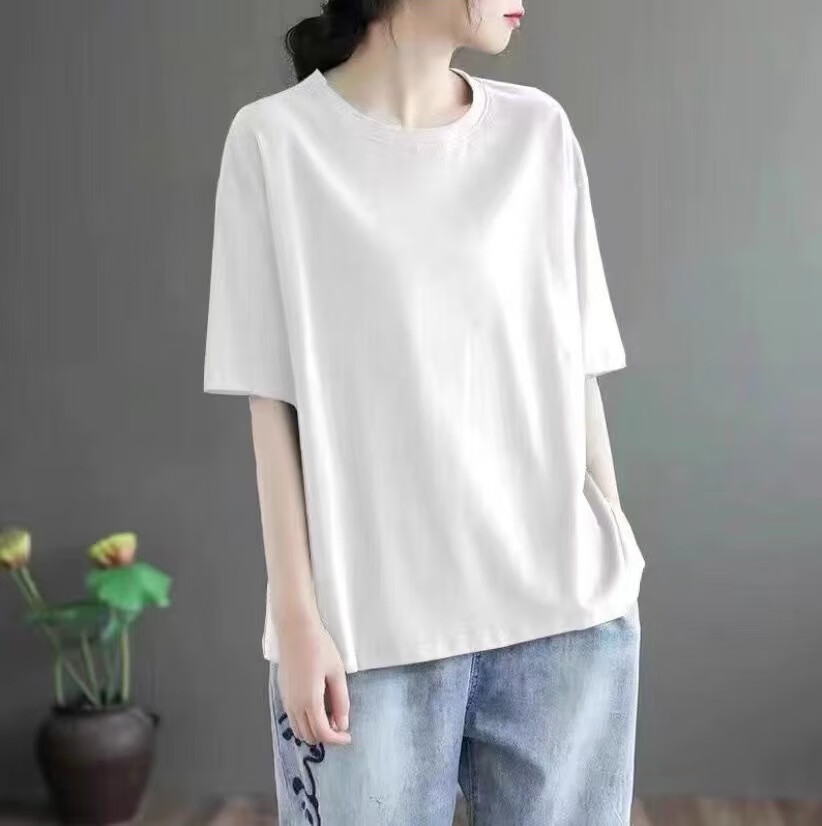 品牌折扣店~意大利出口女装夏季新款T恤100%全棉短袖宽松上衣 白色【纯色】 M （建议85-115斤）