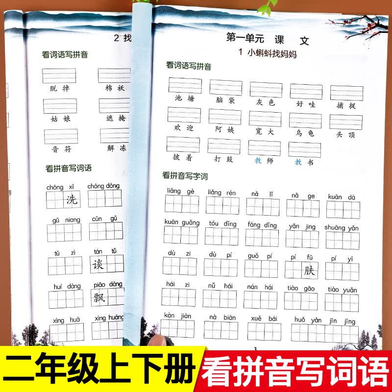 看拼音写词语二年级上册+下册小学语文专项强化训练同步练习册人教版配套教材练习题词语汉字生字注音组词造句课堂笔记辅导资料书 【二年级上册+下册】看拼音写词语 小学二年级