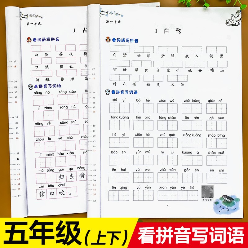 五年级上下册语文看拼音写词语全两册 人教版小学语文书教材同步练习册专项训练字帖练字帖汉字组词一课一练 红色