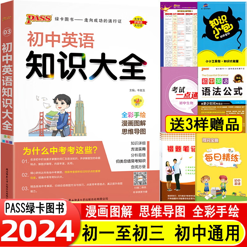 2024版 初中英语语法大全 pass绿卡图书思维导图初一二三语法规则速查速记漫画图解英语课堂笔记漫画图解789 初中【英语】知识大全 初中通用