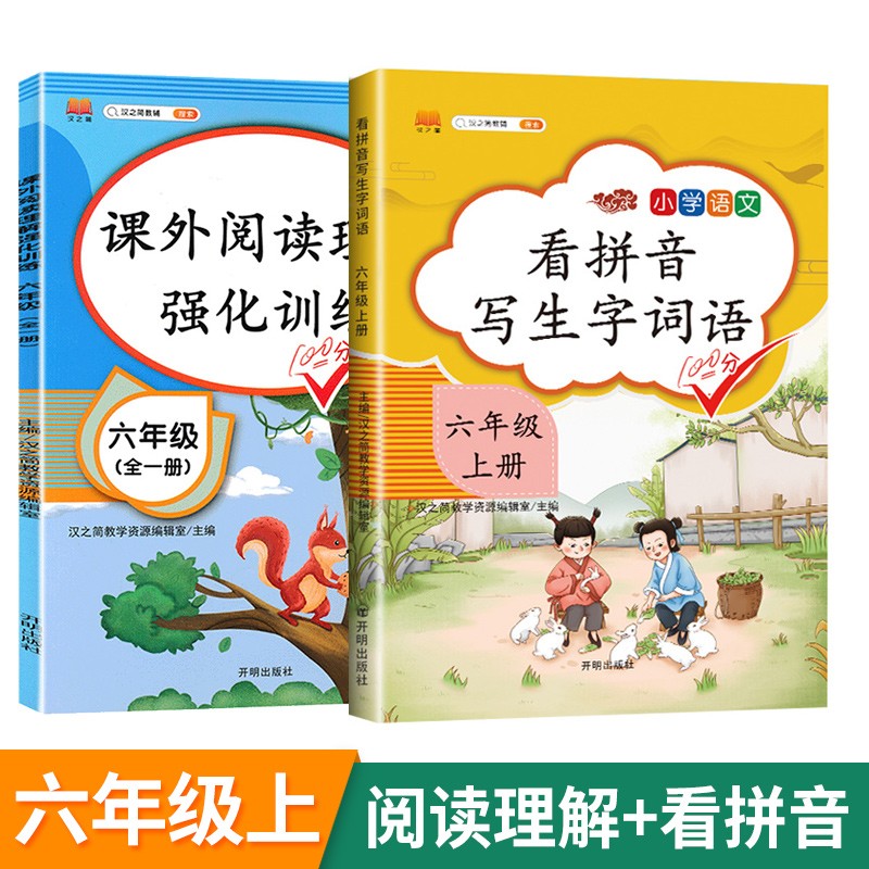 六年级课外阅读理解强化训练专项书上册下册全一册人教版小学生语文英语课外阅读理解强化同步练习册题每日一练天天练 【上册 2本】阅读理解+看拼音写生字词语