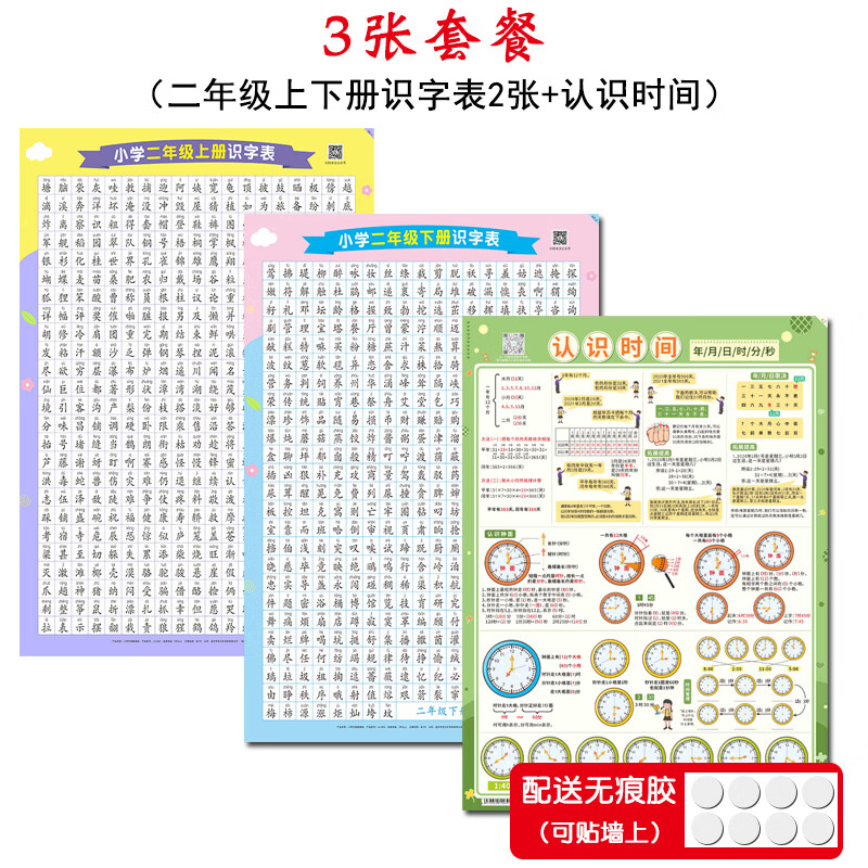 小学生二年级语文人教版上册下册识字表墙贴一年级生字表早教挂图 二年级上册+下册识字表+认识时