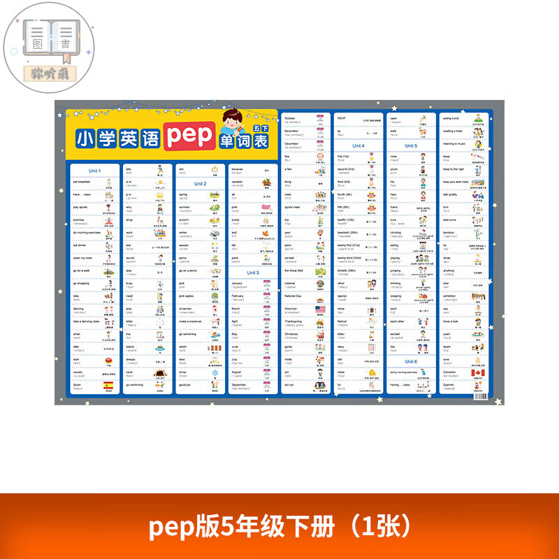 生单词人教PEP版三四五六年级上下册彩色挂图纸 五年级下册（1张）