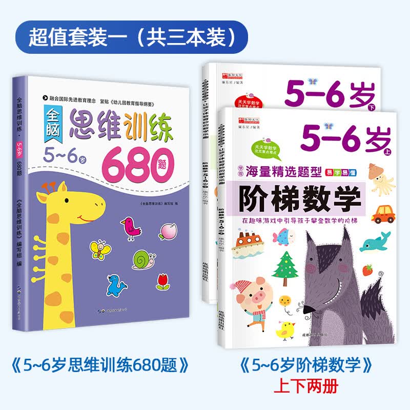 全脑开发1000题儿童思维逻辑专注力训练书绘本3-6岁2-4-5岁幼儿书籍幼儿园中班 【5-6岁】阶梯数学+全脑思维训练 3册