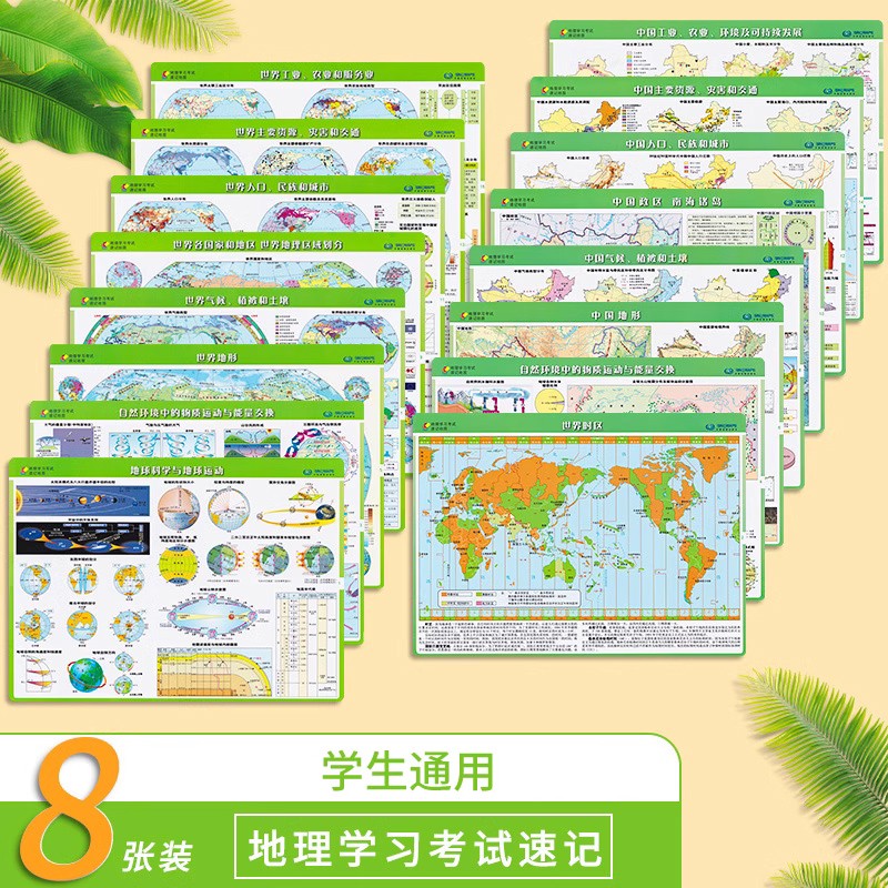 【共8张】地理学习考试速记地图2022高考 世界地图学生地理高中均适用 中国地形+政区图 经纬线洋流