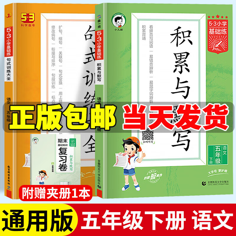 【上下册自选】2023新版53小学基础练五年级上册下册语文阅读理解专项训练书课外阅读理解训练100篇人教版同步教材练习题 【五年级下】共2本 句式训练大全+积累与默写