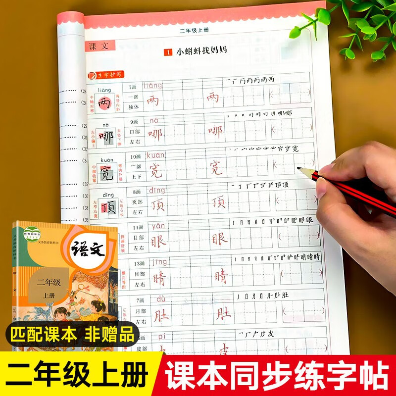二年级上册语文同步字帖 人教版小学生写字练字专项强化训练 练字帖天天练生字抄写小本钢笔楷书描红书 五品轩小学生同步练字二2上