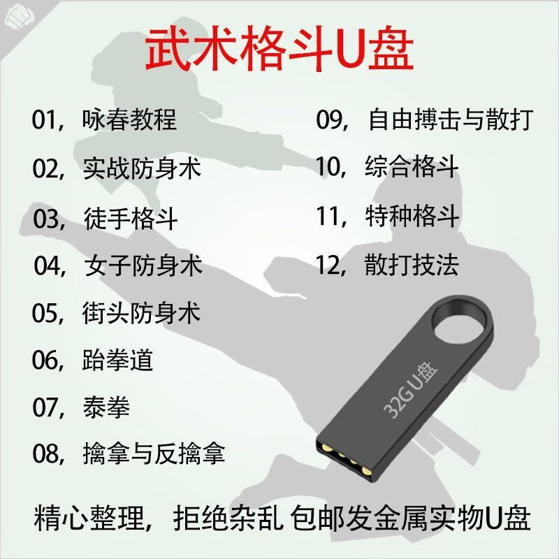 64G全套武术格斗教学实战咏春泰拳擒拿散打跆拳道防身术视频U优盘 32G U盘 武术格斗