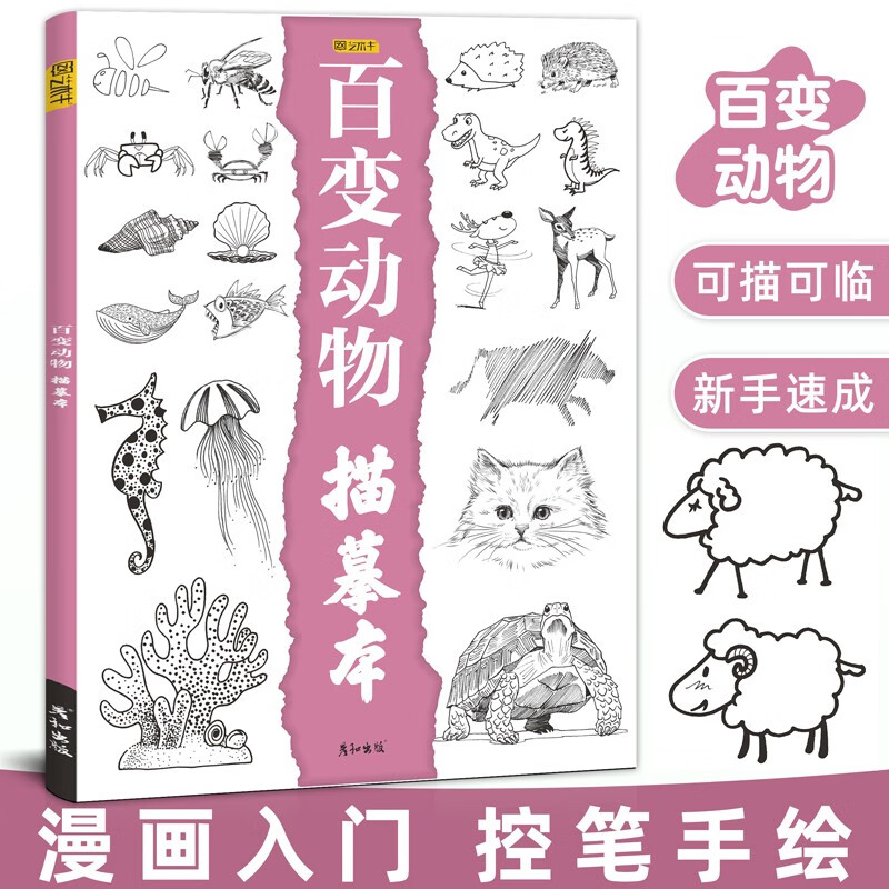 花卉动物描线画本素描临摹画册素材手绘画画入门自学零基础控笔训练线稿线条教程书铅笔描摹上色图儿童成人初学者小学生简笔画速写 百变动物