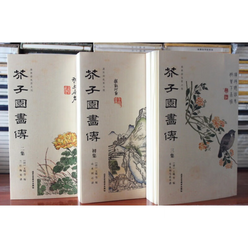 包邮康熙原大版 芥子园画传 彩版全三本 芥子园画谱康熙原版 清王概 山水树石 梅兰竹菊虫草翎毛花卉国画临
