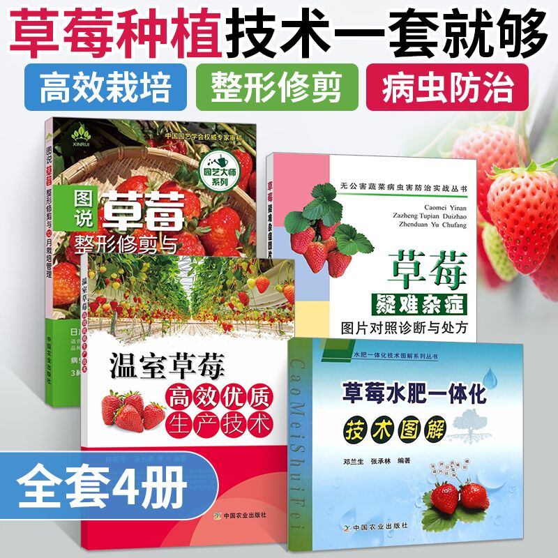 草莓种植技术书籍4册 大棚草莓栽培技术种植育苗书大全农业果树病虫害图谱教程图说草莓整形修剪与12月栽培管理+温室草莓高效优质生产技术+草莓疑难杂症图片对照诊断与处方+水肥一体化技术图解