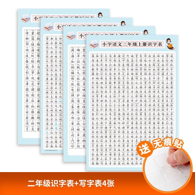 必背古诗词挂图一二年级识字唐诗背诵挂图 二年级识字+写字表4张
