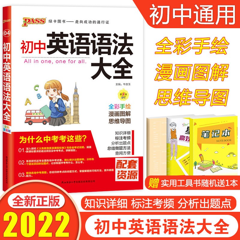 2022新版包邮 绿卡图书 初中英语语法知识大全 全彩手绘漫画图解思维导图 七八九年级英语知识点复习