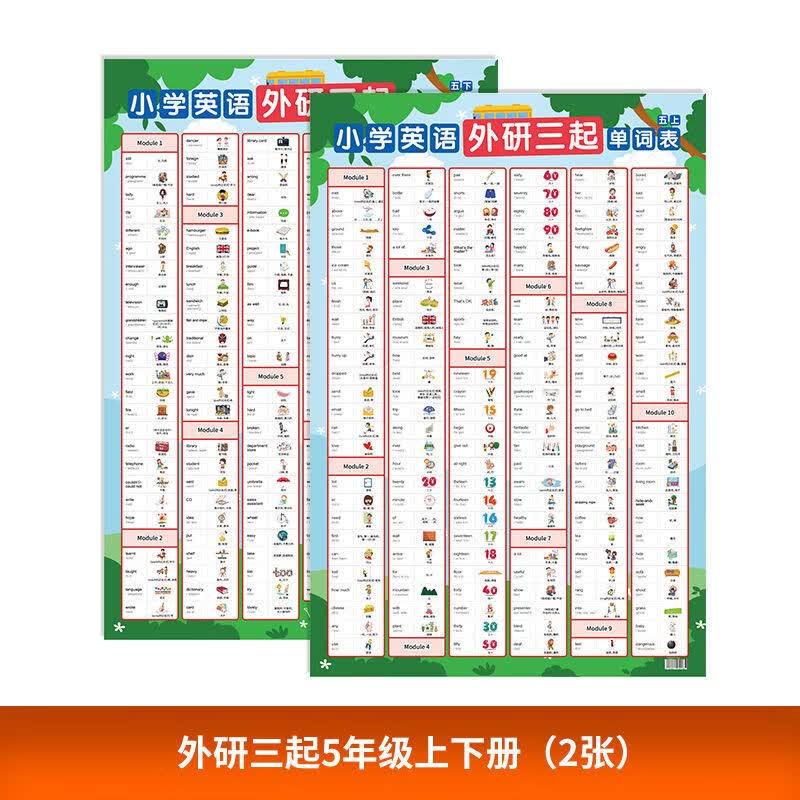 生单词表外研三起版三四五六年级彩色挂图纸 五年级上下册（2张）