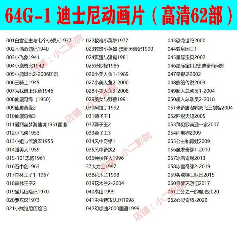 迪士尼动画片电影U盘64G国语发音MP4格式影视U盘通用 64G-1(迪士尼电影62部)国语