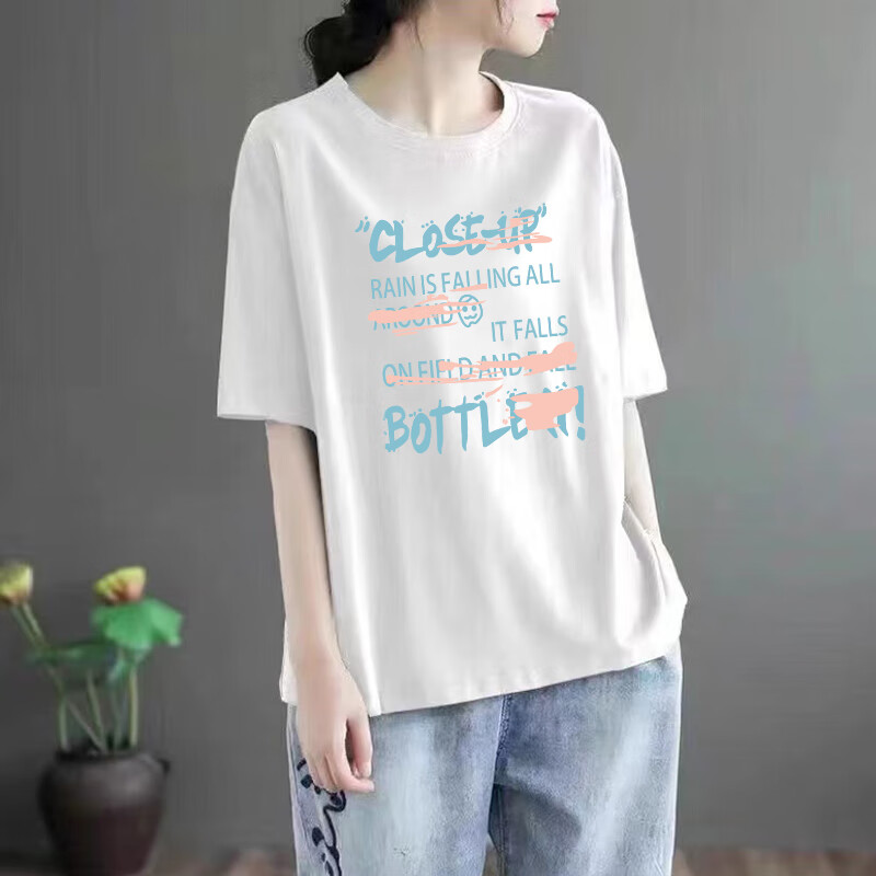 品牌折扣店~意大利出口女装夏季新款T恤100%全棉短袖宽松上衣 白色【英文涂画】 M （建议85-115斤）