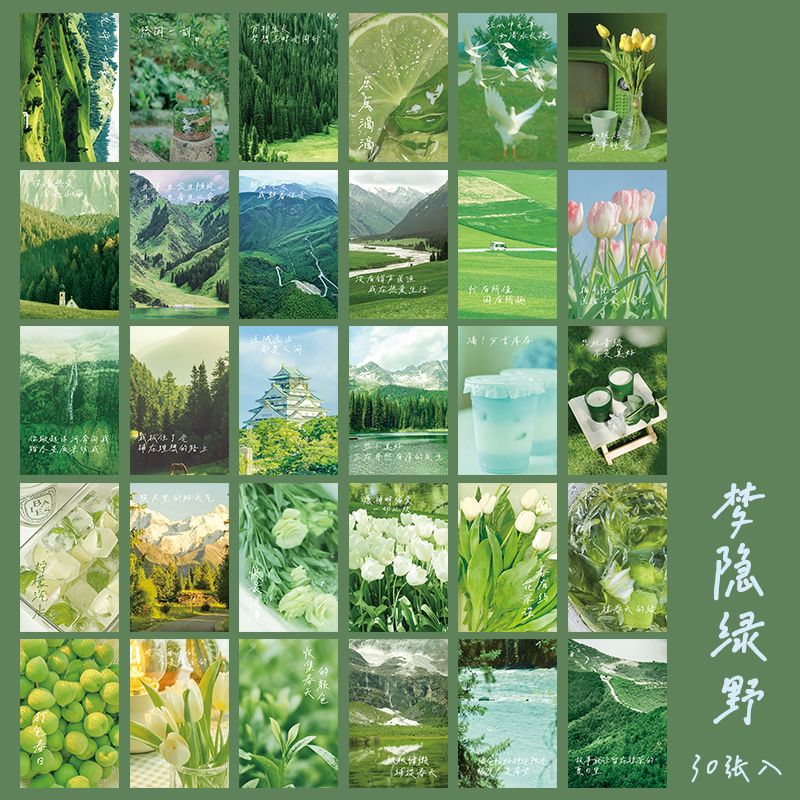 纸梵自然风景明信片夏日限定系列ins风蓝色大海蓝天治愈系收藏卡 明信片30张-梦隐绿野 复古圆点贴纸随机32枚
