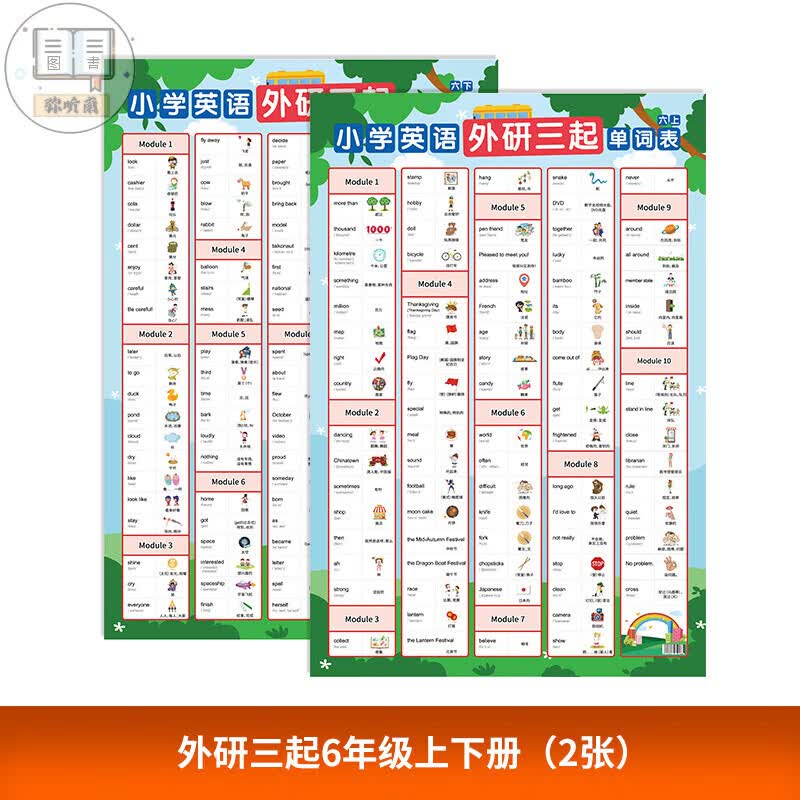 生单词表外研三起版三四五六年级彩色挂图纸 六年级上下册（2张）