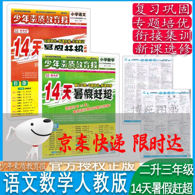 自选2023少年素质教育报14天暑假赶超巩固与先修一升二升三升四升五升六年级语文数学英语人教版第43-52期暑假作业 二升三语文数学【人教版】（共2册）