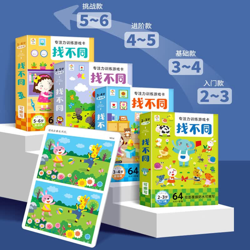 宝宝找不同专注力训练卡片2-3-4-5-6岁幼儿园儿童趣味益智找茬书专注力训练图书幼儿宝宝三到六岁益智游戏书籍卡片3-6岁注意力练习幼儿园中大班潜能开发的图画书思维逻辑玩具 全套4盒 超值装