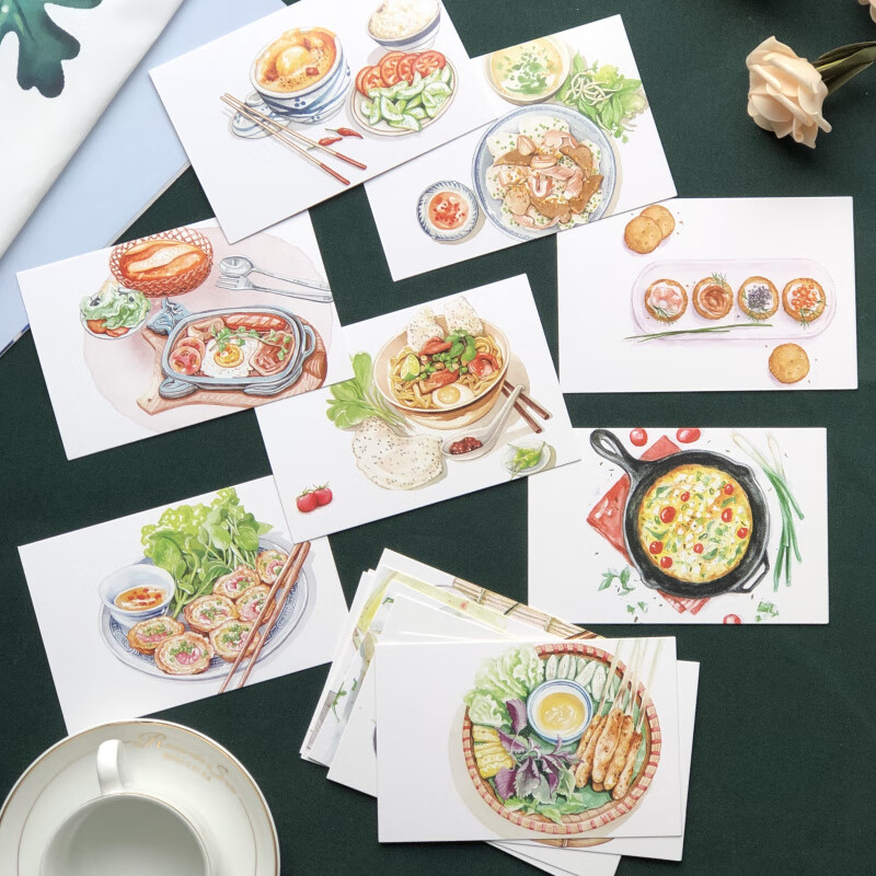 30张盒装 创意手绘舌尖上的美食明信片中国风24节气特色美味卡片 30张 美食记