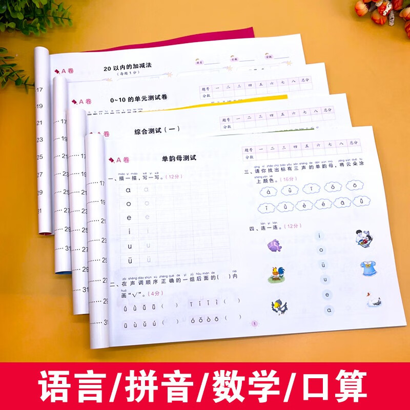 学前综合测试卷 A+B卷100分语言+拼音+ 数学+口算合订本练习册幼小衔接入学准备测试卷全套儿童幼儿园中班大班一日一练 全套4册