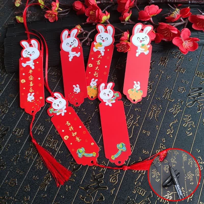 2023兔年万事胜意新年贺卡单页空白祝福留言卡片平安喜乐礼物吊牌 喜乐兔混搭3款30张+红丝+红苏 送1只笔