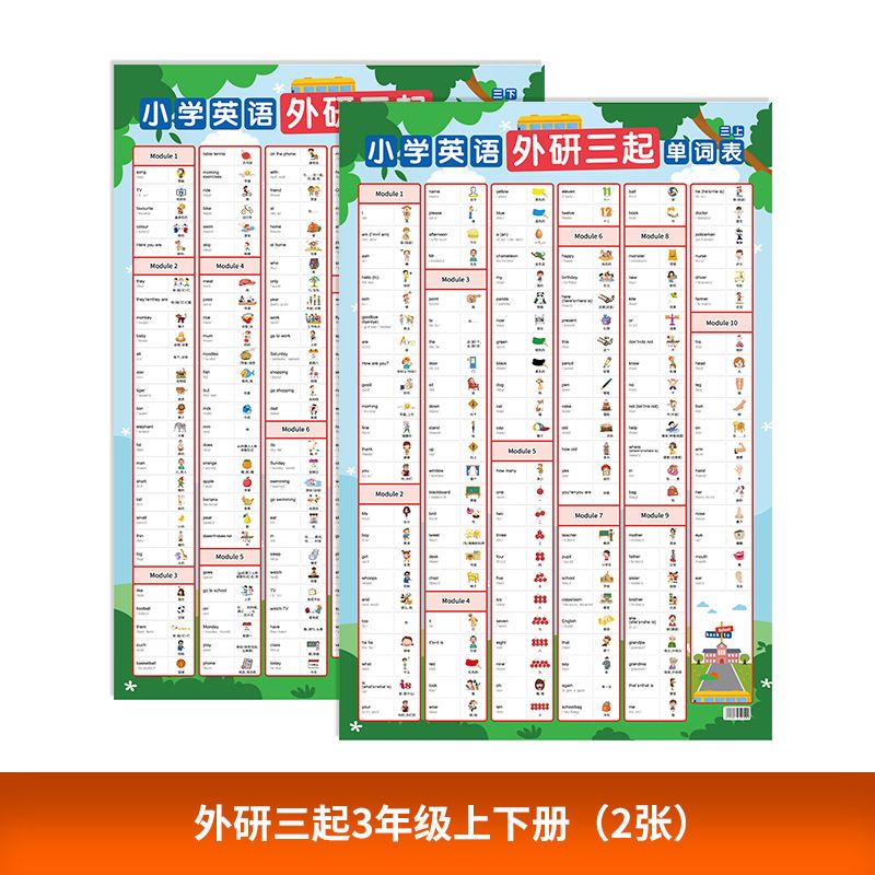 生单词表外研三起版三四五六年级彩色挂图纸 三年级上下册（2张）