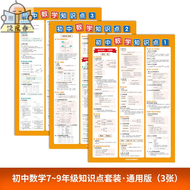 易蓓通用版七八公式定理定律大全挂图 初中数学知识点挂图（3张）