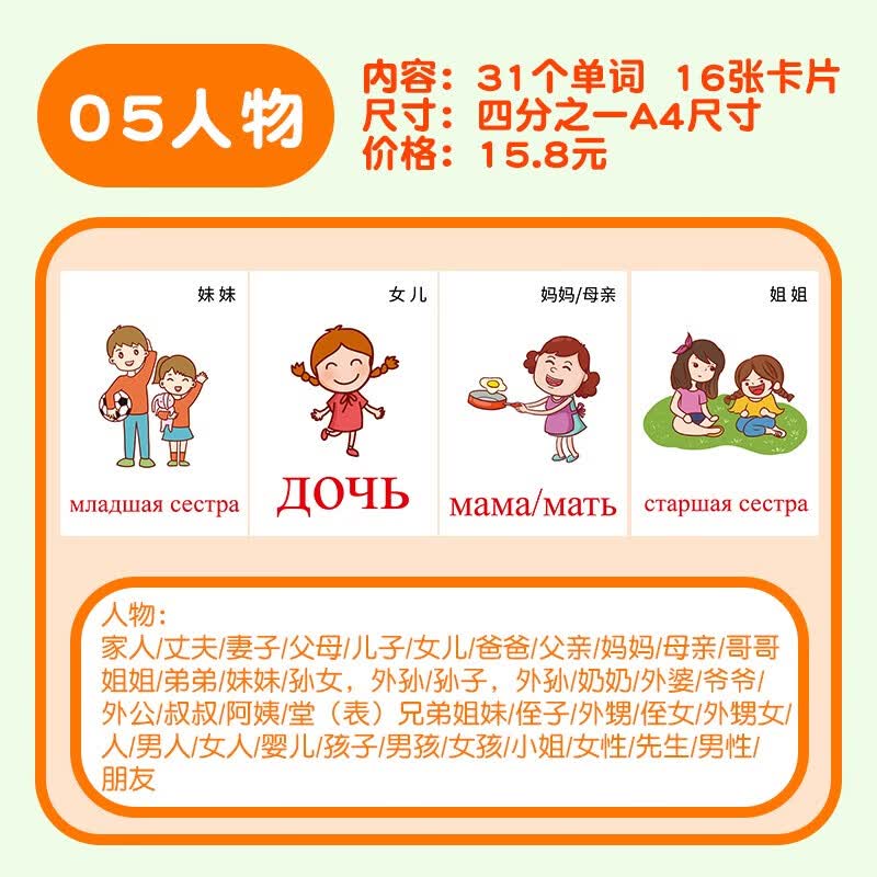 俄语生活分类单词卡片早教学习教具塑封大卡字母数字动植物卡片 俄语人物1/4A4卡片(16张)