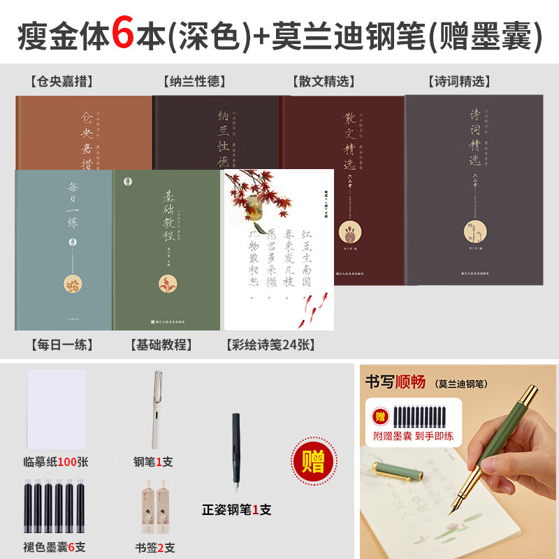瘦金体字帖硬笔成年男女生字体女士临慕字帖行楷入门初学者专用宋 瘦金体6本(深色)+钢笔墨囊