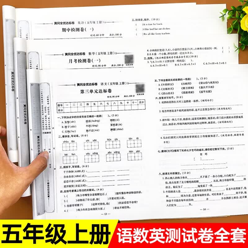 五年级上册下册试卷测试卷全套人教版小学5上语文数学英语黄冈单元月考期中期末100分冲刺卷专项综合练习与测试考试卷子同步训练练习册 【上册人教版3本】语文+数学+英语