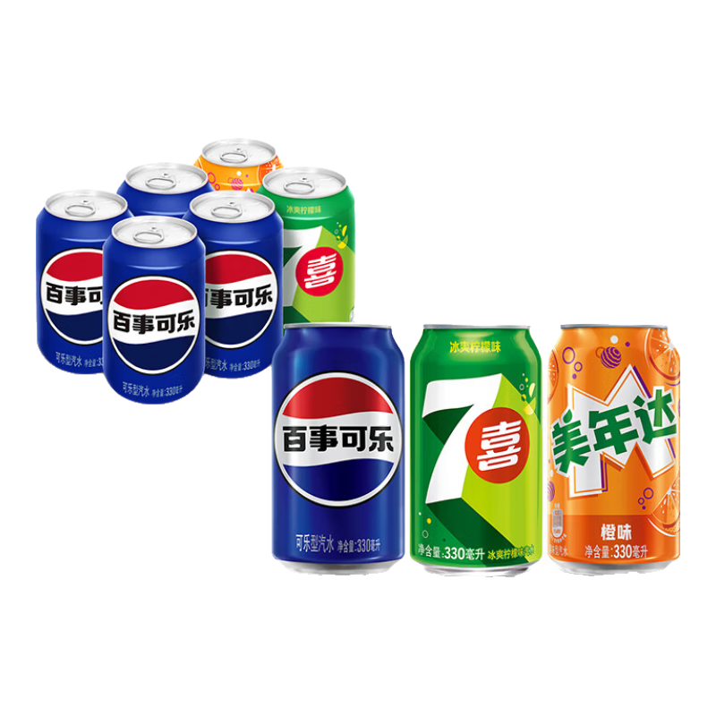 PLUS会员：百事可乐 百事/七喜/美年达（4+1+1）汽水可乐 混装330ml*6 整箱 ，9.9元（需换购）—— 慢慢买比价网