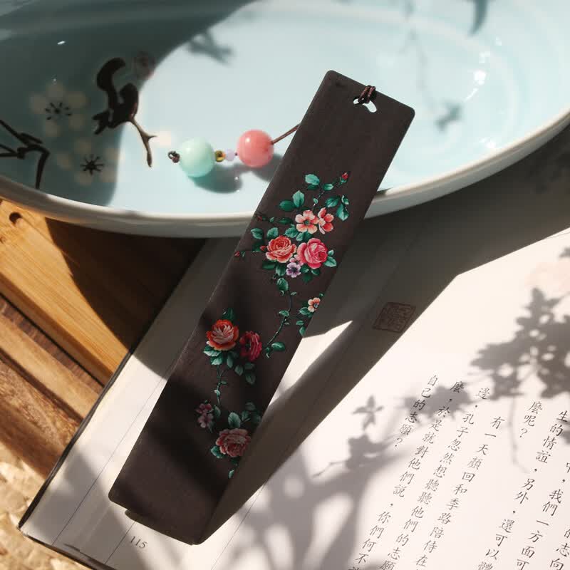 蔷薇花彩绘中国古典花卉黑檀木书签木质水晶吊坠礼品书签送友人 蔷薇花时尚款吊坠书签 大PP袋简装