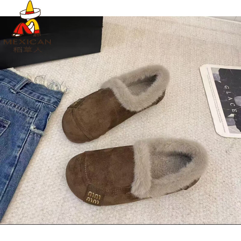 稻草人（MEXICAN）2026冬季新款复古平底浅口加绒保暖豆豆鞋一脚蹬软底防滑勃肯棉鞋 咖啡色 39