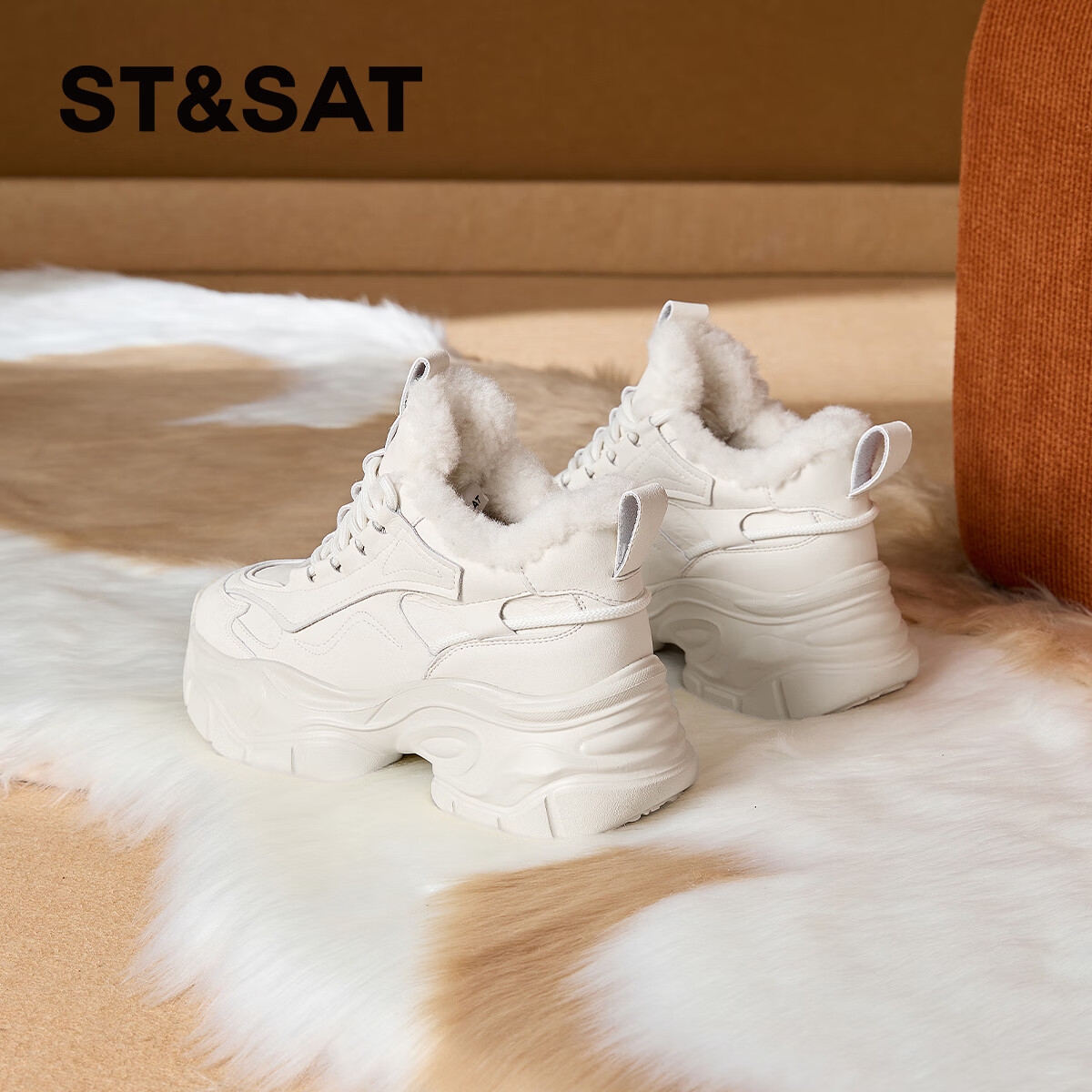 星期六加绒厚底老爹鞋女款2025新款冬季增高小白鞋保暖休闲运动鞋雪地靴 米白 【加绒保暖】 35