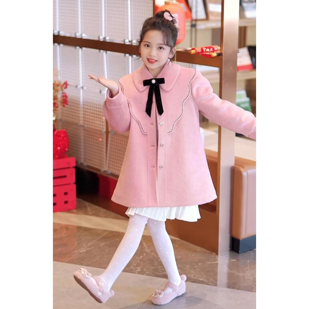 媛媛公主儿童娃娃领毛呢外套秋冬款女童甜妹温柔系夹棉加厚风衣中大童装潮 粉色 110