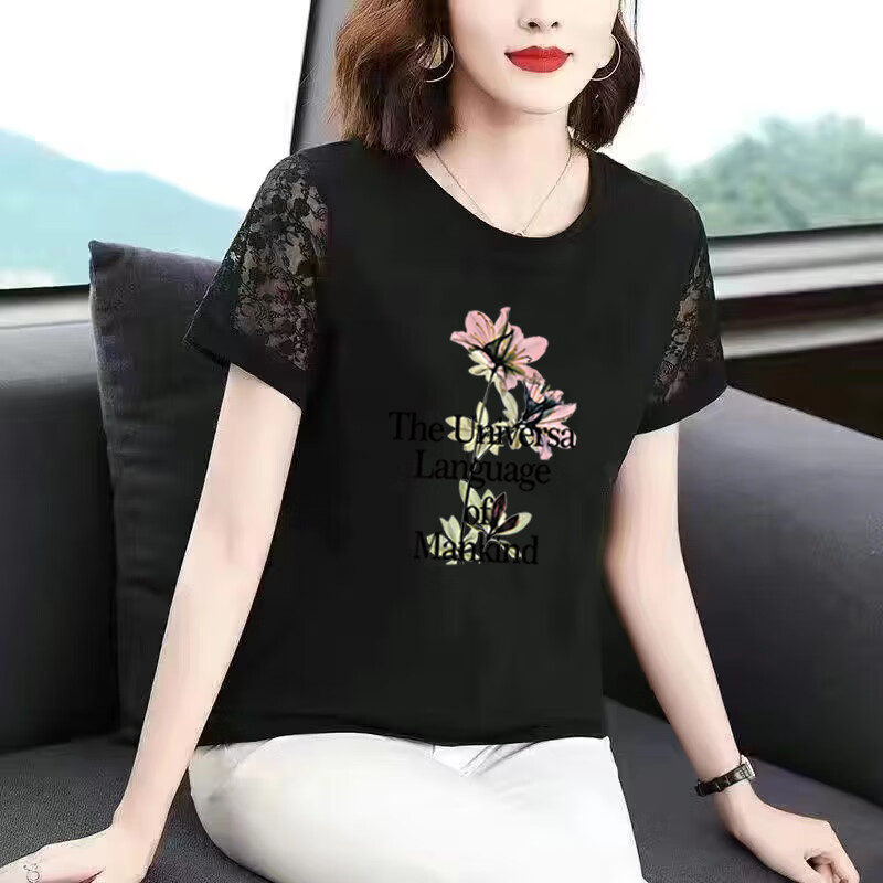 中年女士纯棉t恤女2023夏季新款妈妈短袖时尚设计感宽松显瘦上衣 英文花朵黑色 L 100-115斤