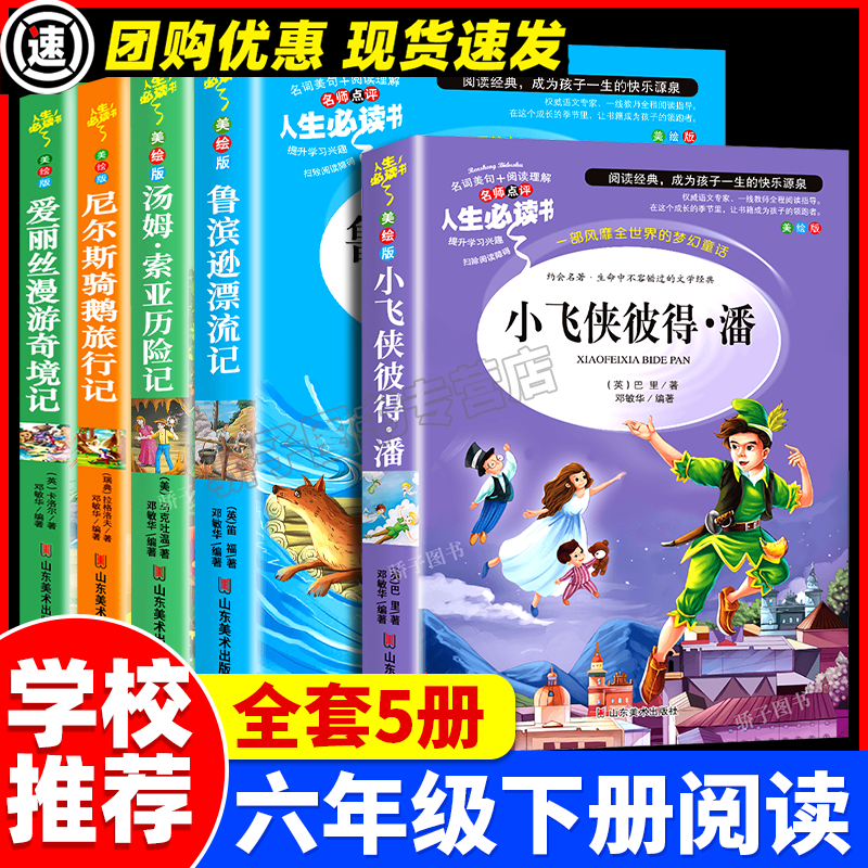 鲁滨逊漂流记尼尔斯骑鹅旅行记 汤姆索亚历险记 爱丽丝漫游奇境记人生必书彩插版六年级下小学生必课外书籍四 【全5册】读书吧六下+小飞侠彼得潘