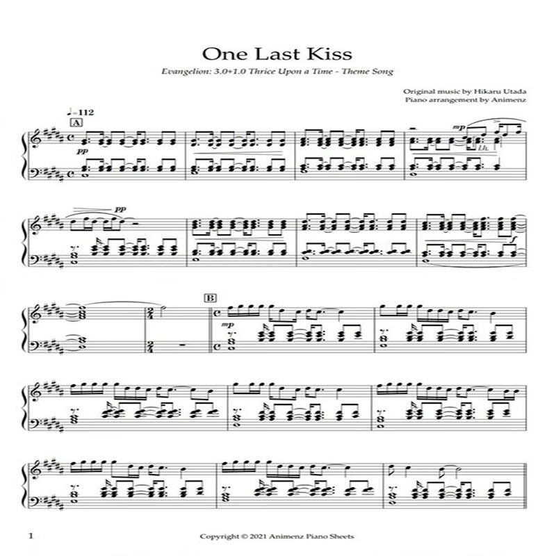 A叔原谱One Last Kiss 新福音战士剧场版终主题曲 Animenz钢琴谱 nz钢琴谱