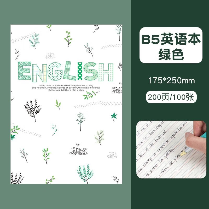 英语本加厚初中生英语笔记本子大号16k小学生英语本子学生B5作业本子课堂四线三格英文练习纸课时英文练习本 ENGLISH绿色(200页)