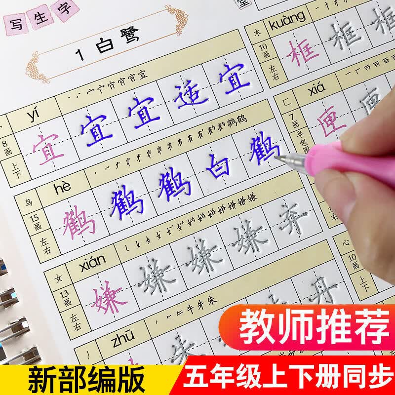5五年级上册下册练字帖语文同步2019人教版小学生硬笔正楷书凹槽 五年级上册字帖+送1笔1握10芯