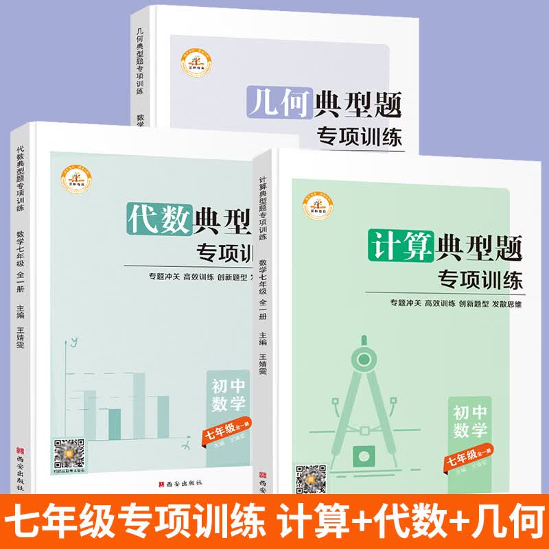 初一数学计算题专项训练初中数学计算题强化训练高效训练九年级七八年级初一数学专题训练代数中考数学初二初 典型题专项训练【计算+代数+几何】全3册 九年级/初中三年级